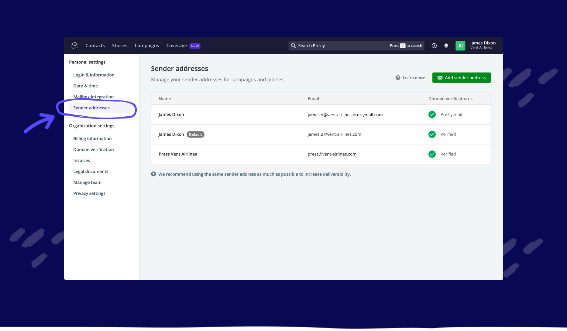 Your default sender address | Help Section