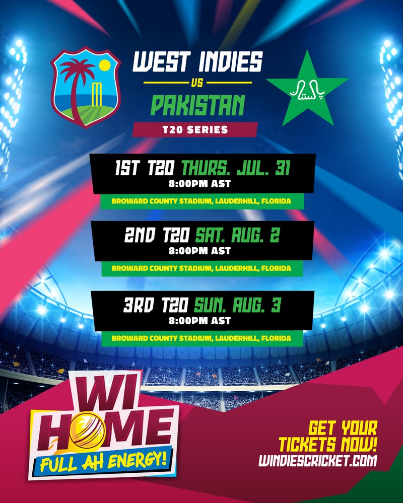WI HOME SERIES: FULL AH ENERGY CRICKET TICKETS NOW LIVE FOR PAKISTAN SERIES