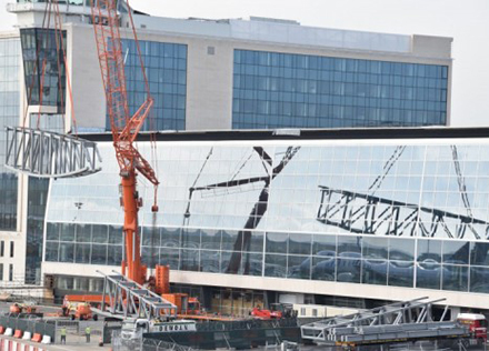 Hovering roof of Sky Hall gets new support structure