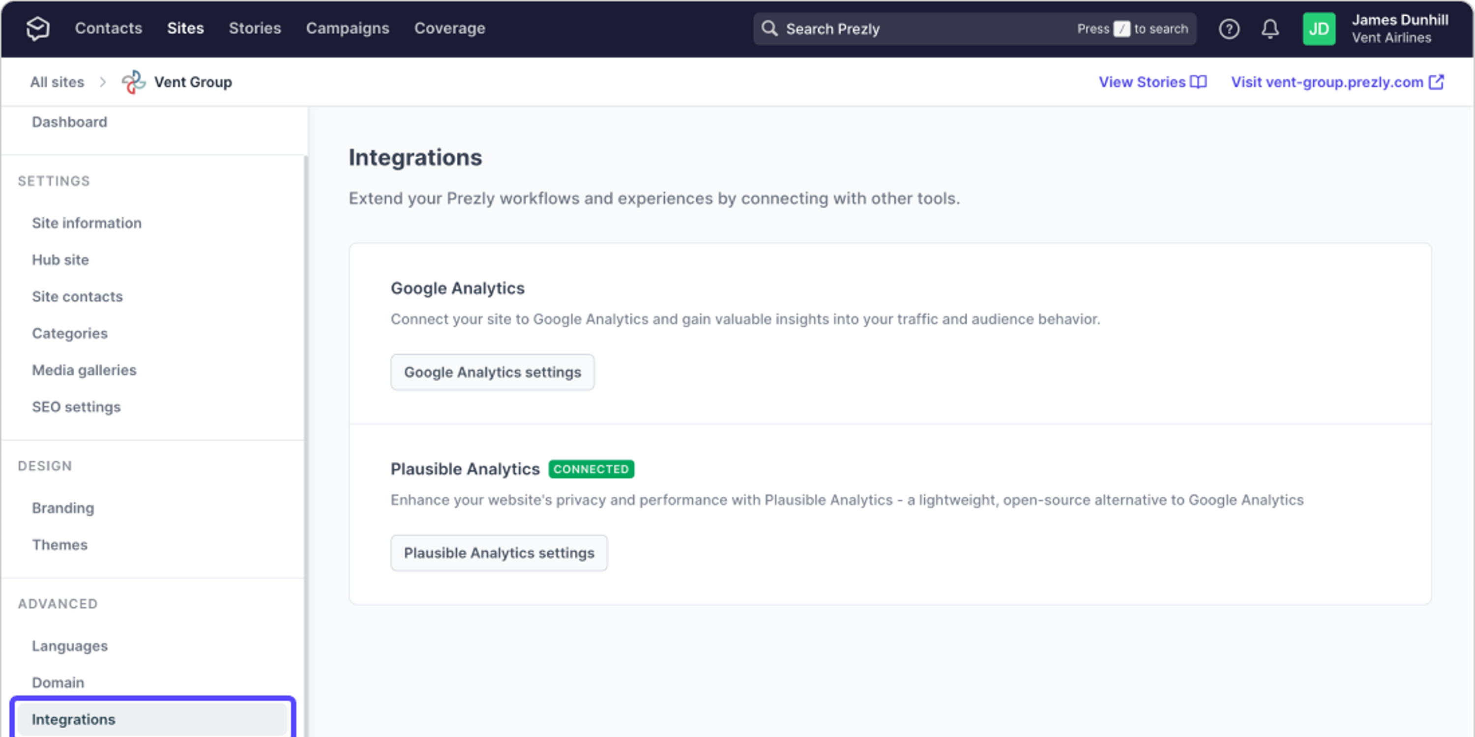 New: Integrations page in your Site settings | Changelog