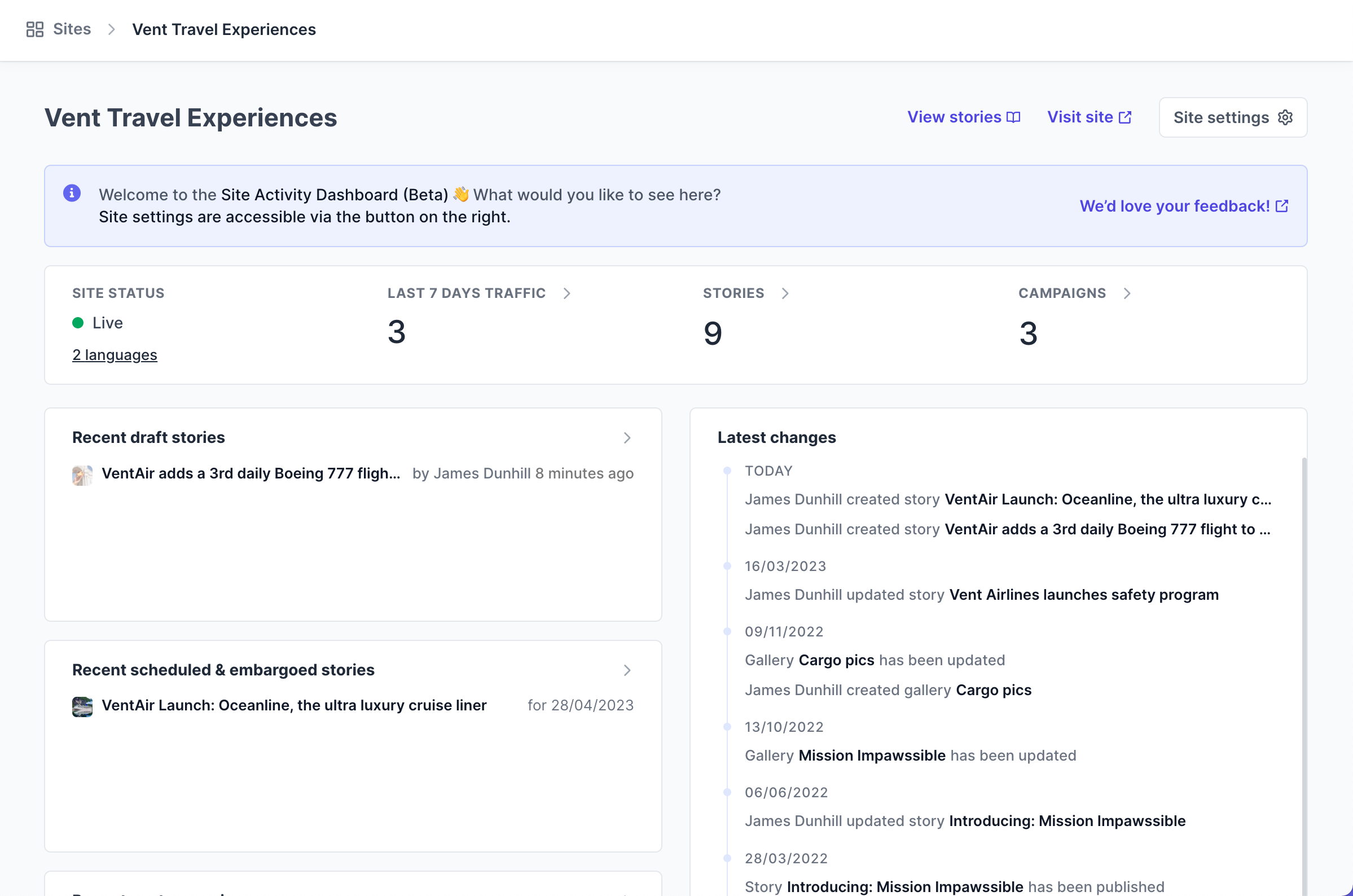 Your Site activity dashboard