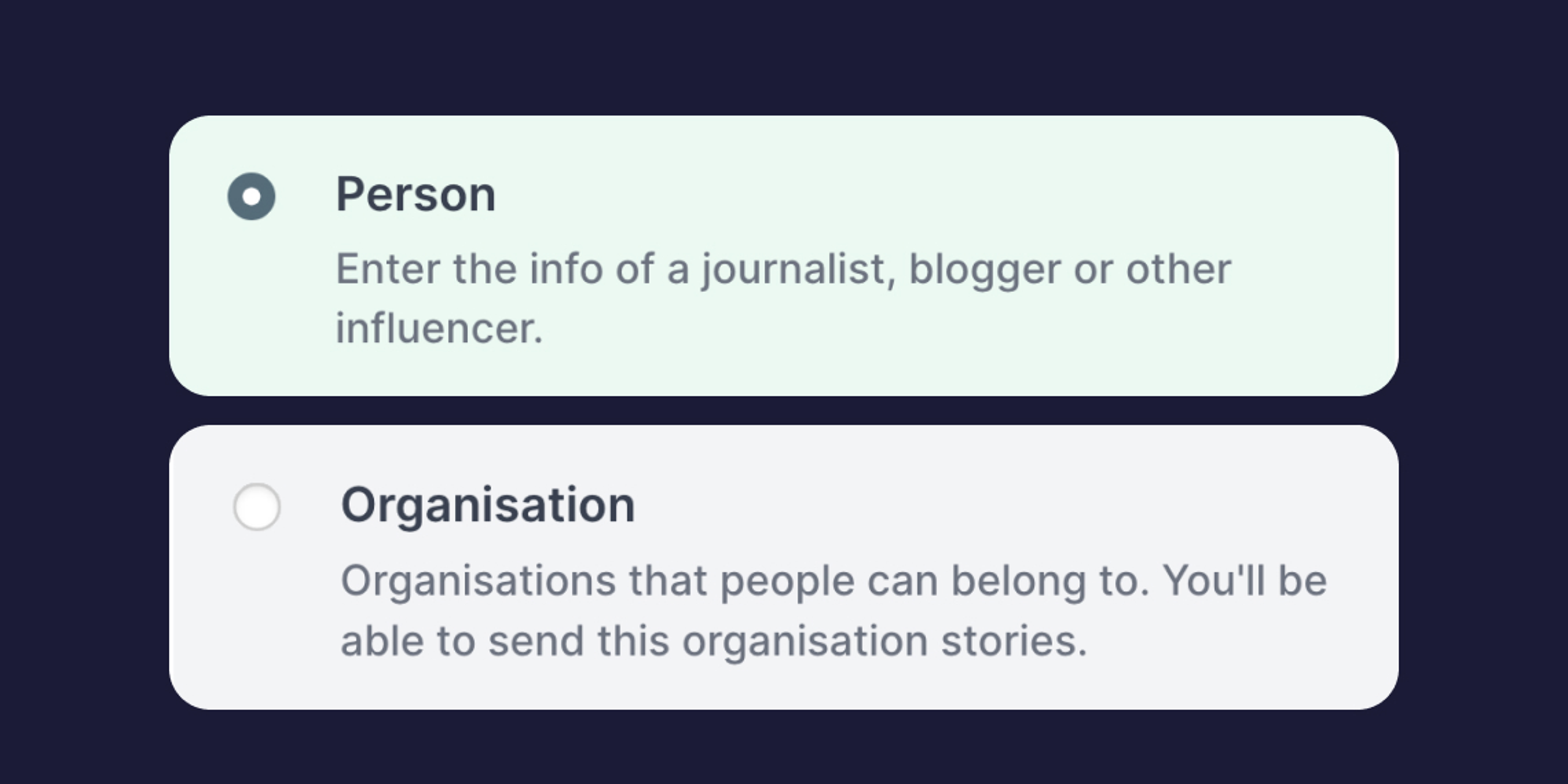 Contact types: 'Person' and 'Organizations' | Help Section