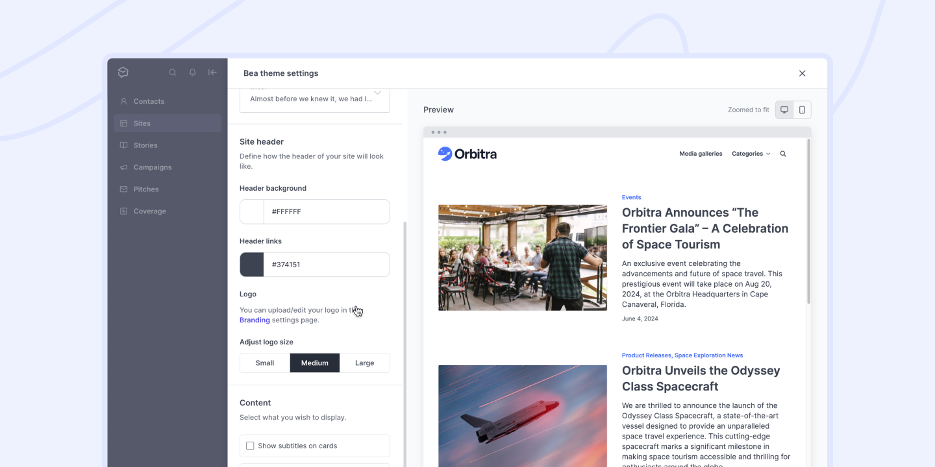 New theme settings preview and logo sizing | Changelog
